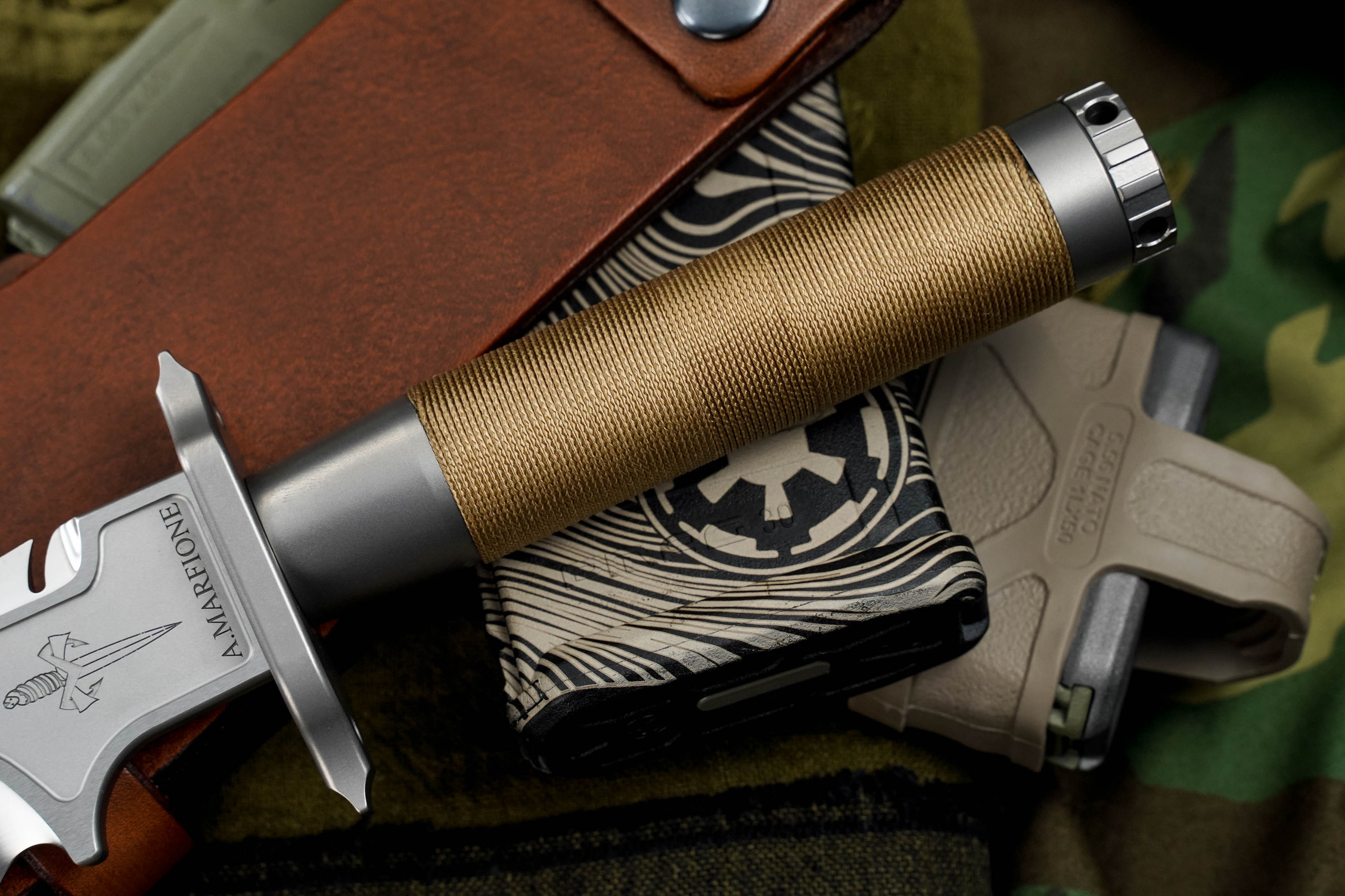 Microtech/Marfione Custom Interceptor Tan Cord Wrap 7" Bowie Hand Rubbed