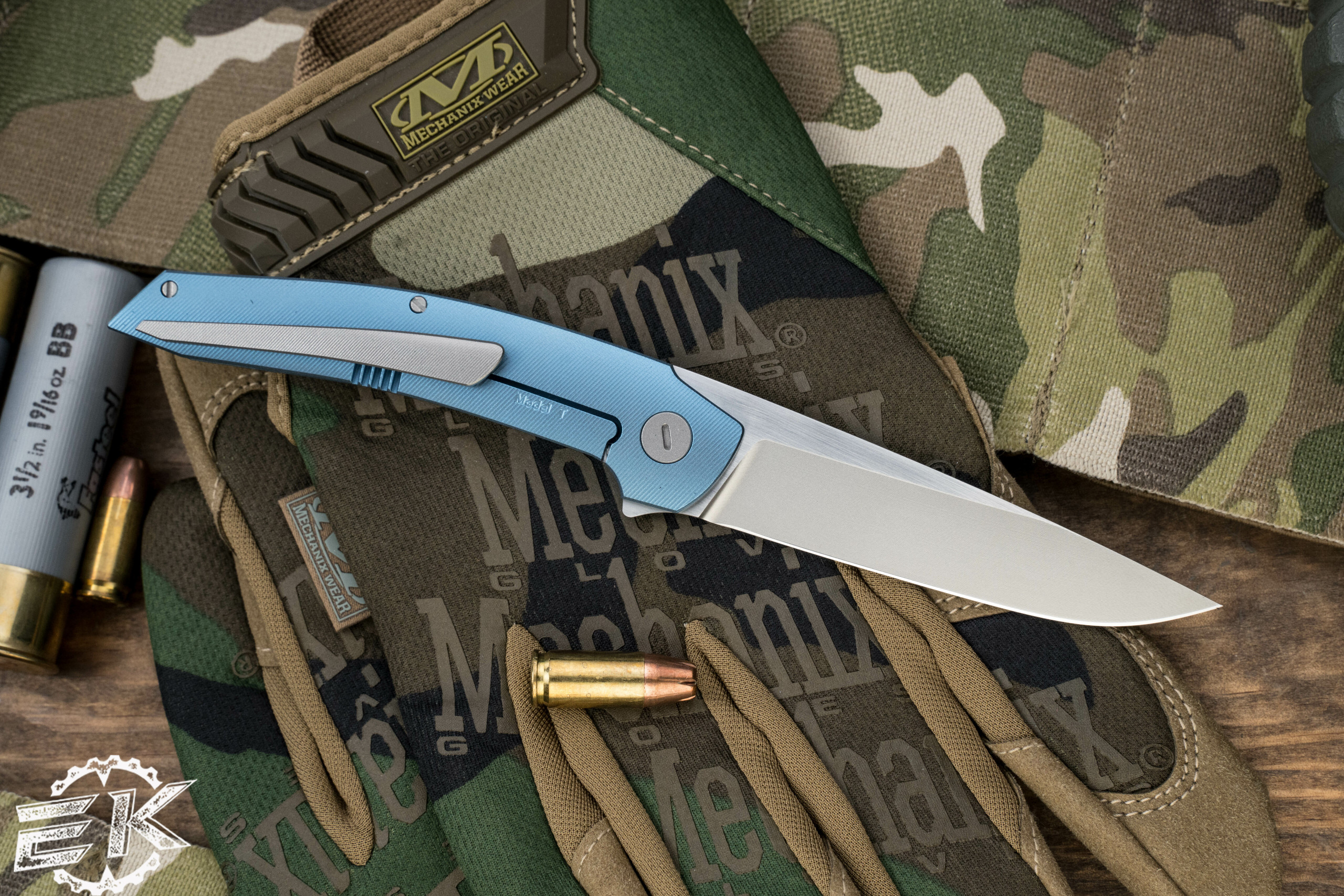 Hog House Knives Model T Folding Knife Blue Titanium 3.5" RWL-34 ...