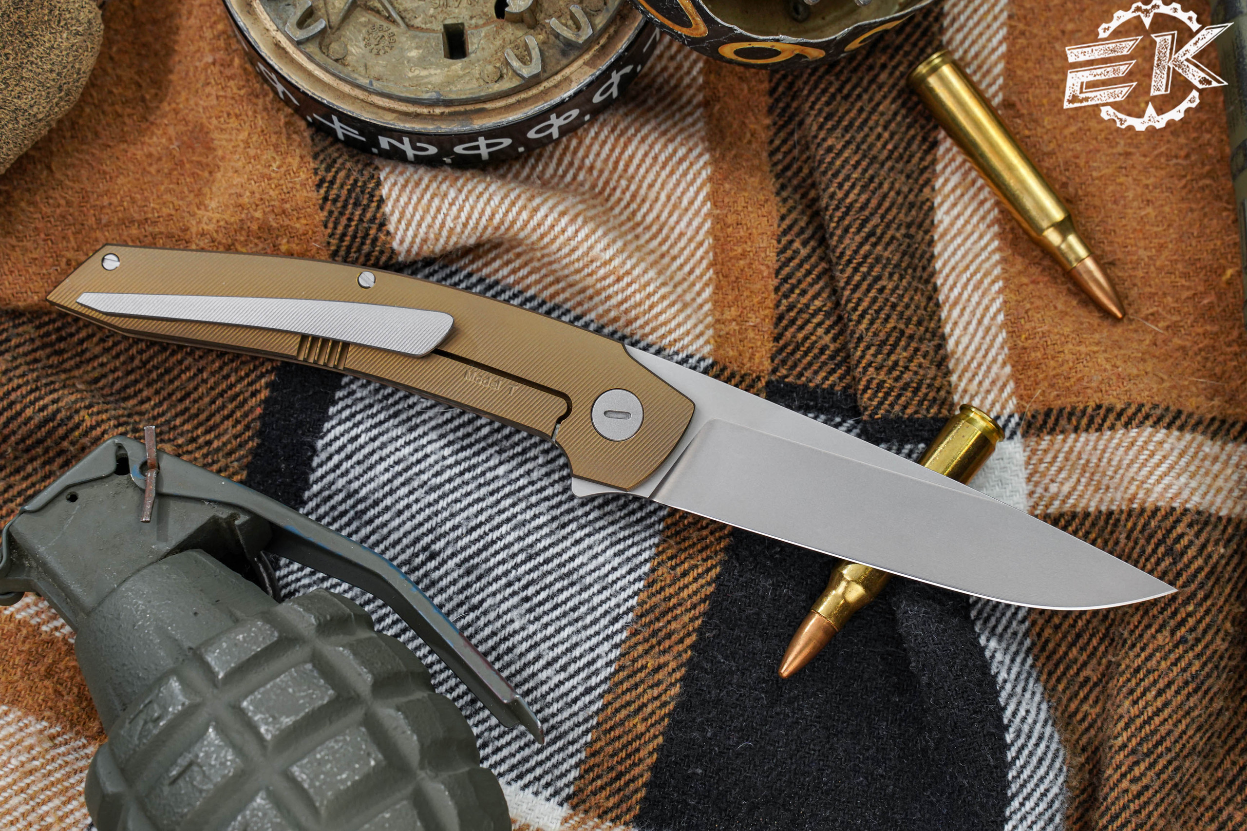 Hog House Knives Model T Folding Knife Bronze Titanium 3.5" RWL-34 Drop ...