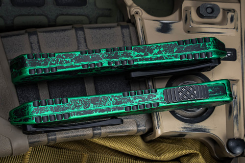 Heretic Knives Manticore E Breakthrough Green OTF Automatic Knife 3" Recurve Battleworn Black ...
