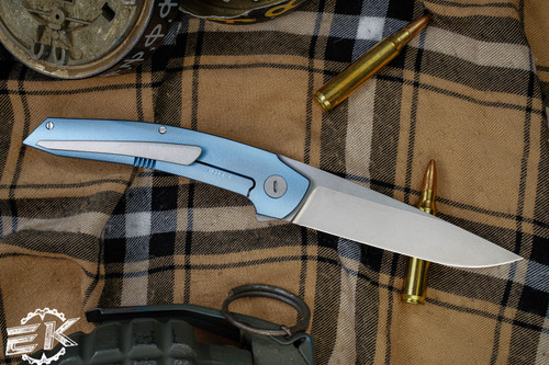 Hog House Knives Model T Folding Knife Blue Titanium 3.5" RWL-34 Drop ...