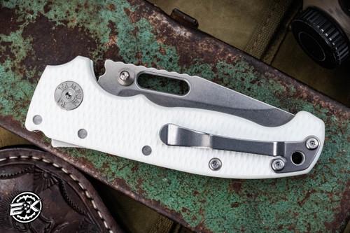 Demko Knives MG AD20S White G10 Shark Lock Folder 20CV Clip Point Stonewash