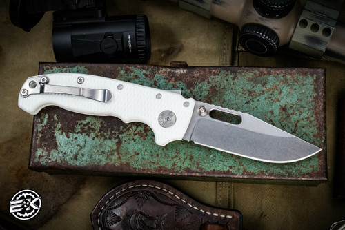 Demko Knives MG AD20S White G10 Shark Lock Folder 20CV Clip Point Stonewash