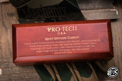 Preowned-Protech Sprint Shaw Engraved Bronze Titanium Pearl Inlay 2" Spear Point Damascus