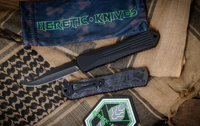 Heretic Knives Manticore E Otf Automatic Knife Black W Purple Cf Camo