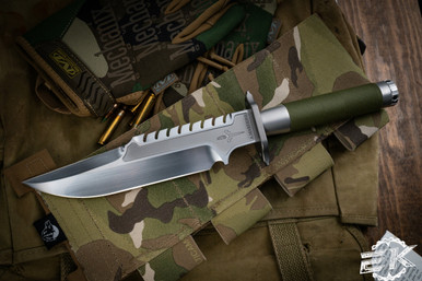 Marfione Custom Interceptor OD Green Wrap Fixed Blade 7" Bowie Hand Rubbed