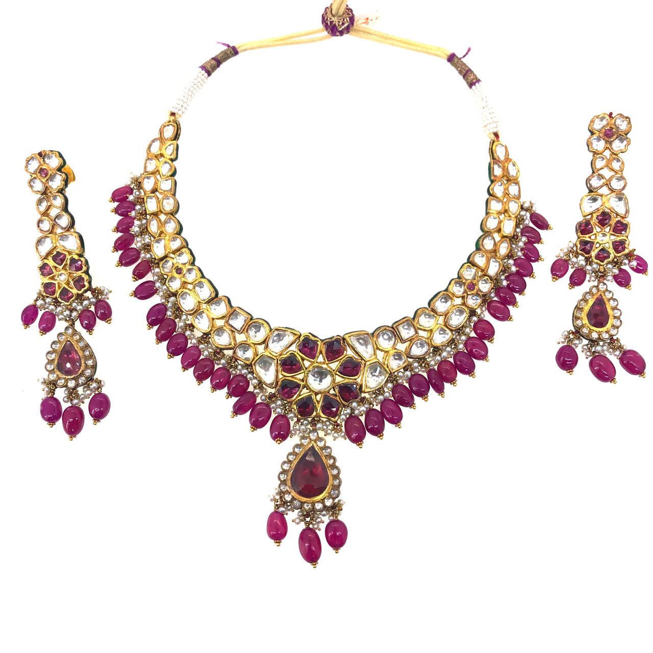 Karat 22 Kundan Necklace Set Featuring Box Setting and Ruby Lite Pearl 22K Yellow Gold
