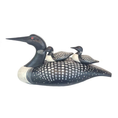 Wood-Carved Loon & Babies Sculpture - Animal Decor
