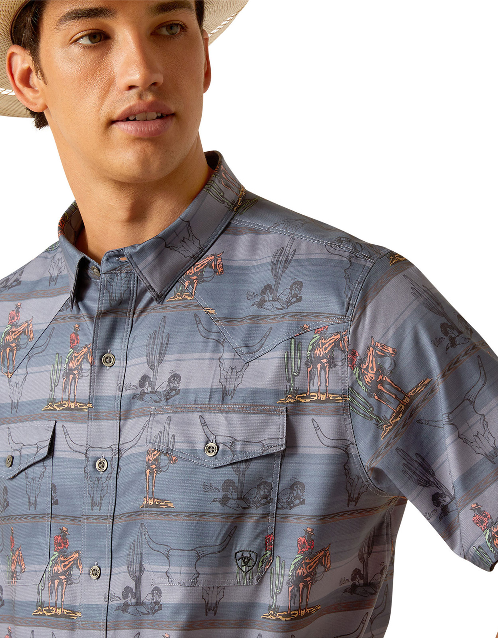 Ariat Mens Venttek Fitted Short Sleeve Print Button Down Shirt Blue