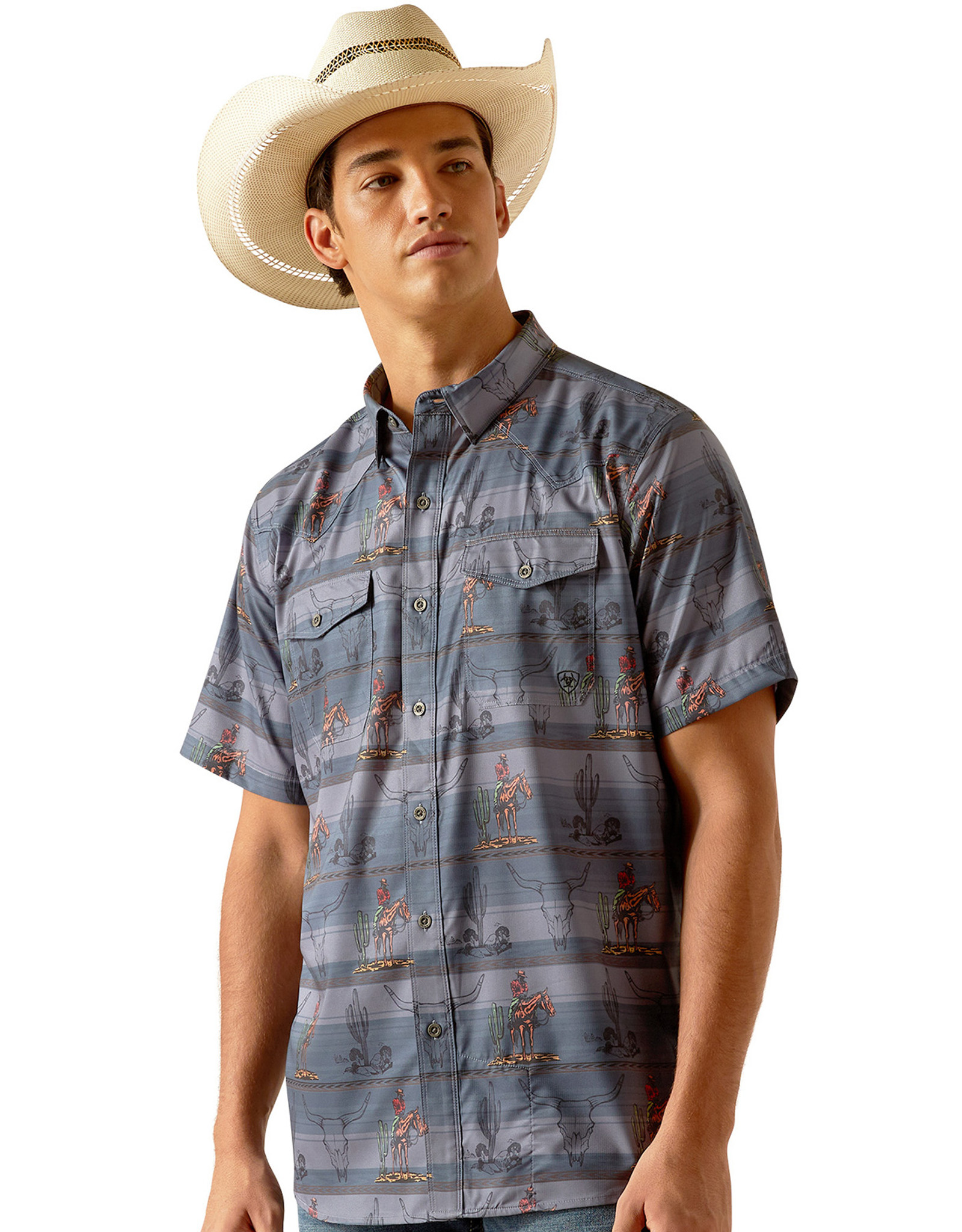 Ariat Mens Venttek Fitted Short Sleeve Print Button Down Shirt Blue