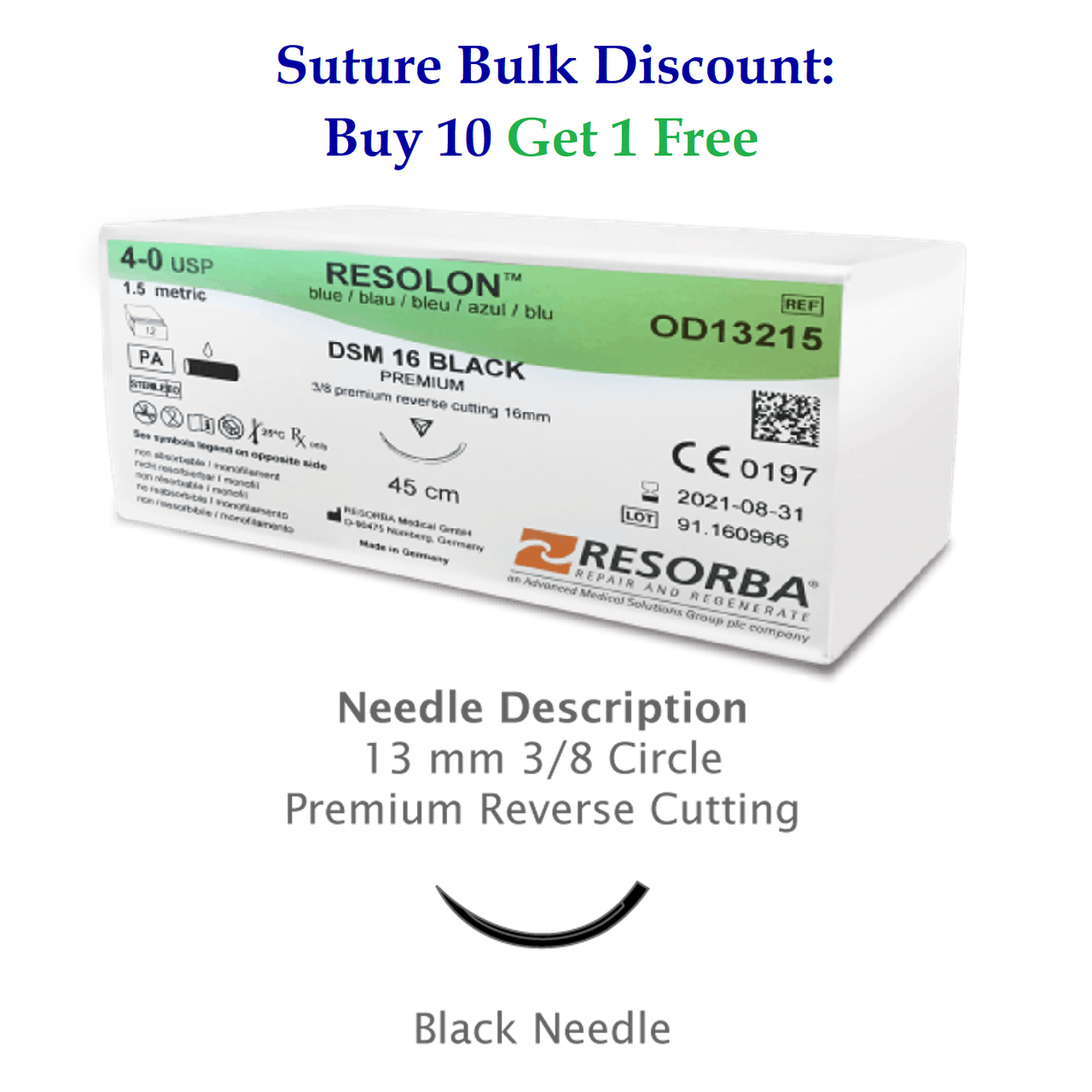 Osteogenics 6-0 x 45cm Resorba® Resolon™ Blue Suture with DSM13 Black ...