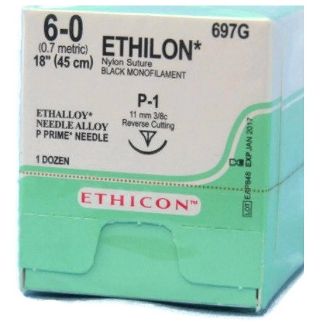 6-0 x 18" Ethilon® Black Monofilament Nylon Suture with P-1 Needle - 12/Box