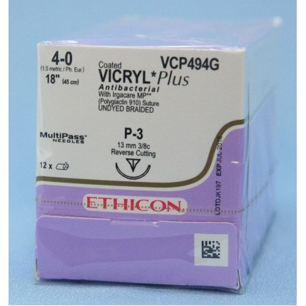 4-0 x 18" Vicryl Plus Undyed Braided Suture with P-3 Needle - 12/Box