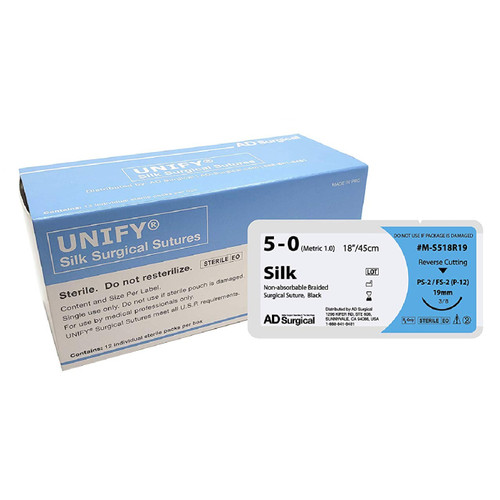 AD Surgical 5-0 x 18" Unify Black Braided Silk Sutures with FS-2 Needle ...