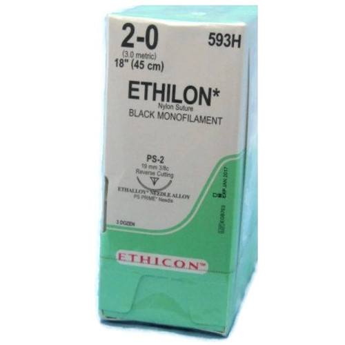 2-0 x 18" Ethilon® Nylon Black Sutures with PS-2 Needle - 36/Box ...