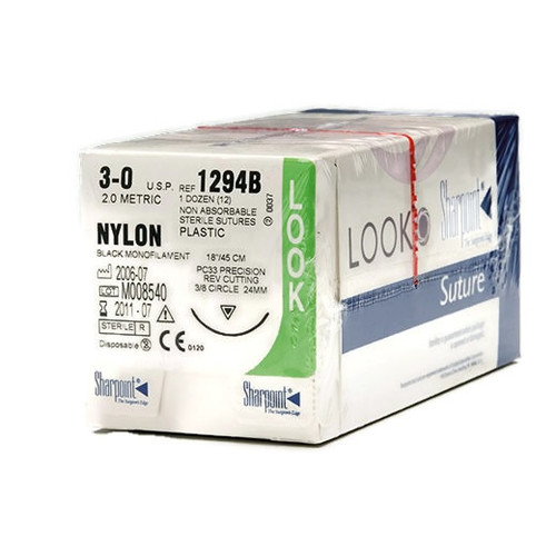 3-0 x 18" Look™ Nylon Black Sutures with PC-33 Needle - 12/Box ...