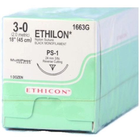 3-0 x 18" Ethilon® Nylon Black Sutures with PS-1 Needle - 12/Box ...