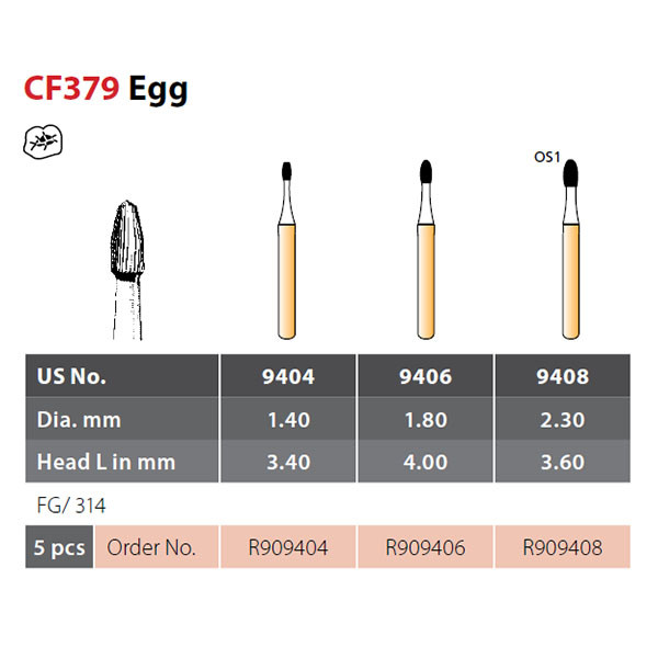 Coltene Alpen Carbide Fine Finishing 30 Bladed Bur Egg #CF379 FG/314, 5/pkg