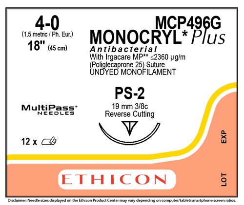 J&J Ethicon Suture MCP496G Monocryl Plus Undyed Monofilament 4-0, PS-2 ...
