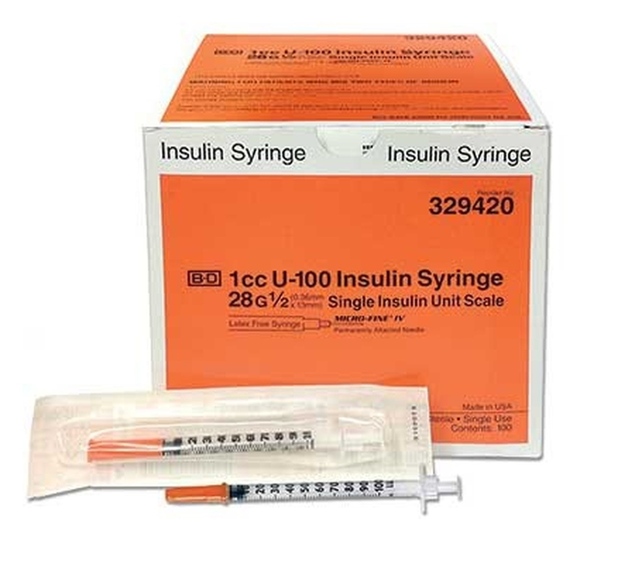 BD U-100 Micro-Fine IV Insulin Syringe with Needle 1cc 28g x 1/2", 100/box