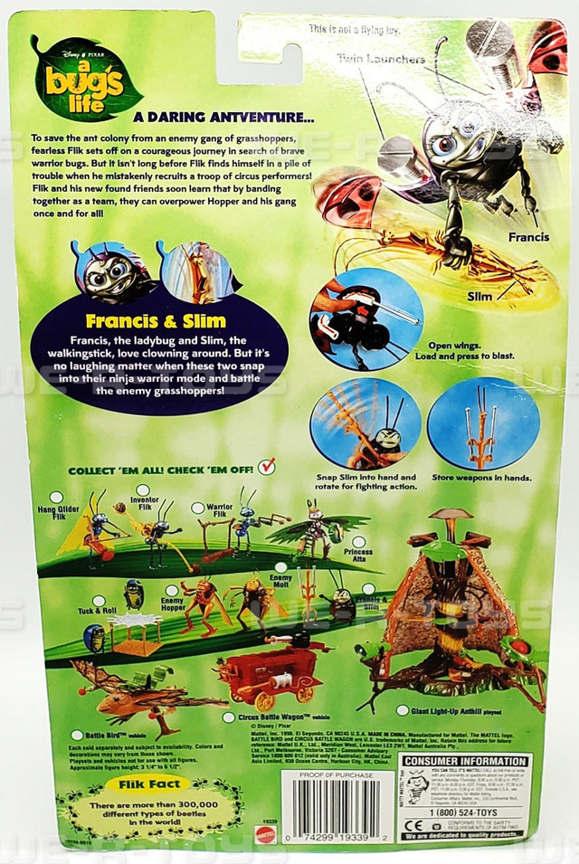 Disney Pixar A Bug's Life Francis & Slim Action Figures Mattel 1998 No ...