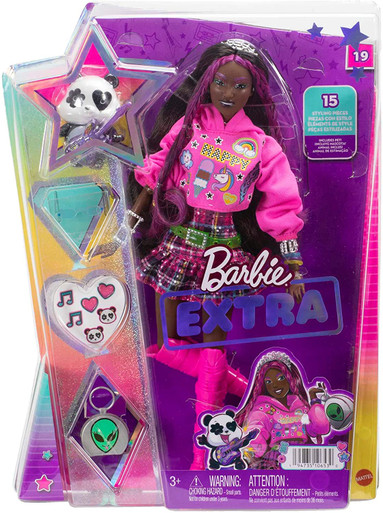Barbie Extra Series #19 Doll Pink Streaked Hair Plaid Skirt & Pet Panda ...