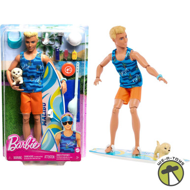 Barbie Poseable Blonde Ken Beach Doll with Surfboard and Pet Puppy ...