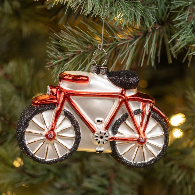 Cycling holiday and Christmas ornaments, decorations, and cards.