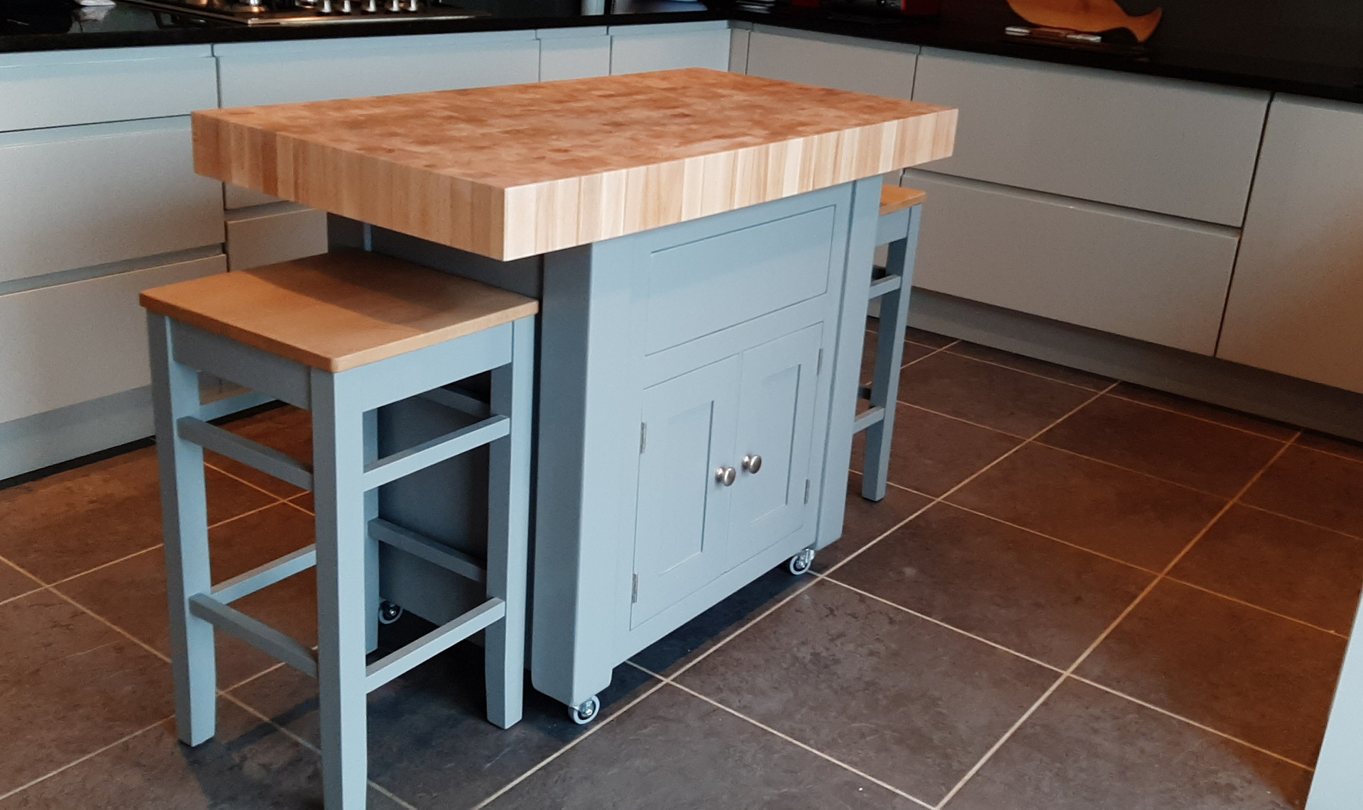 Butchers Block Kitchen Island - trolley on wheels / castors hand painted