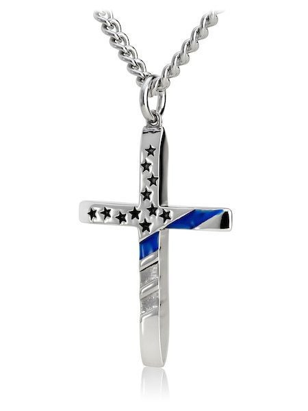Men's Thin Blue Line Cross Necklace W/ Flag Prov 30:5 Steel