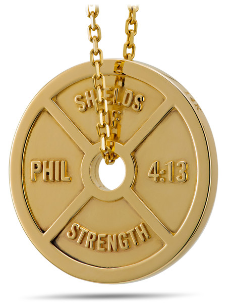 Solid 14K Yellow Gold Women's Mini Weight Plate Necklace- Philippians 4:13