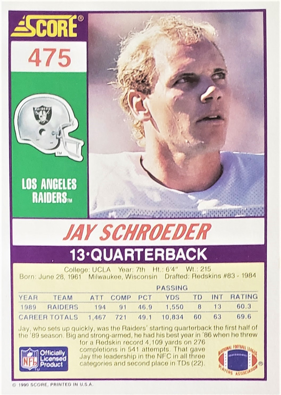 Jay Schroeder - Los Angeles Raiders - 1990 Score Card #475 - Dragon Sports