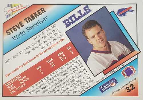 Steve Tasker - Buffalo Bills - 1991 Pacific Card #32 - Dragon Sports