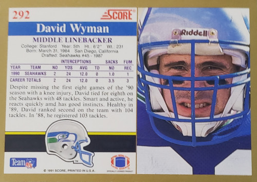 David Wyman - Seattle Seahawks - 1991 Score Card #292 - Dragon Sports