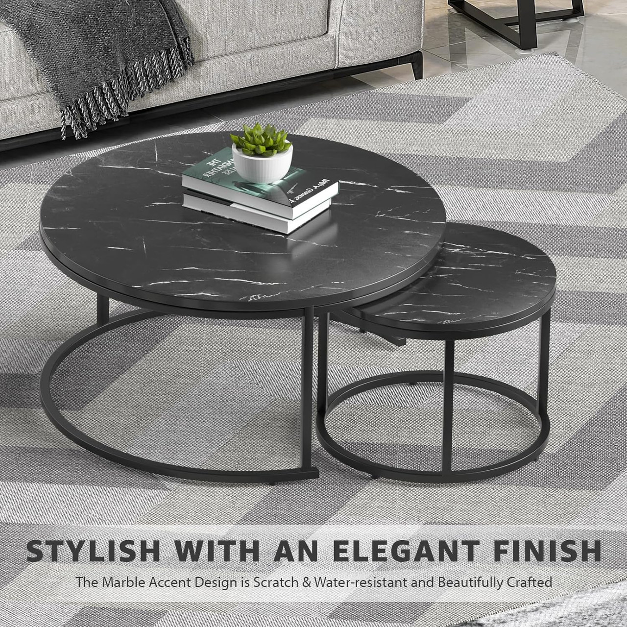 Set of 2 Round Coffee Tables Modern Accent Side End Table for Living Room