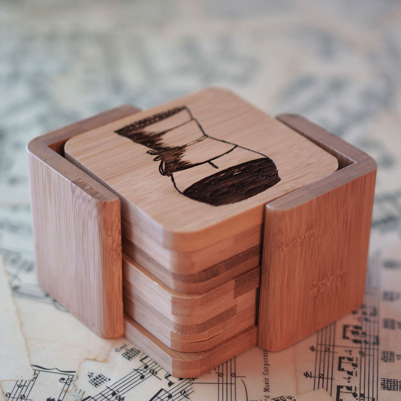 Bamboo Wood Coffee Coaster Set of Six with Hand-Drawn Coffee Art ...