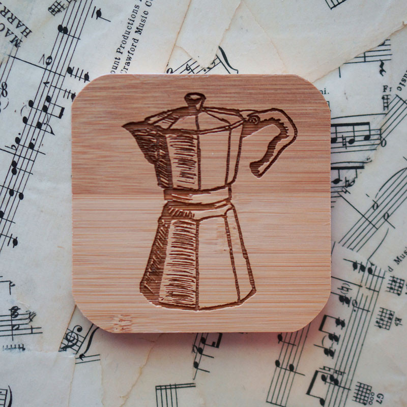 Bamboo Wood Coffee Coaster Set of Six with Hand-Drawn Coffee Art ...