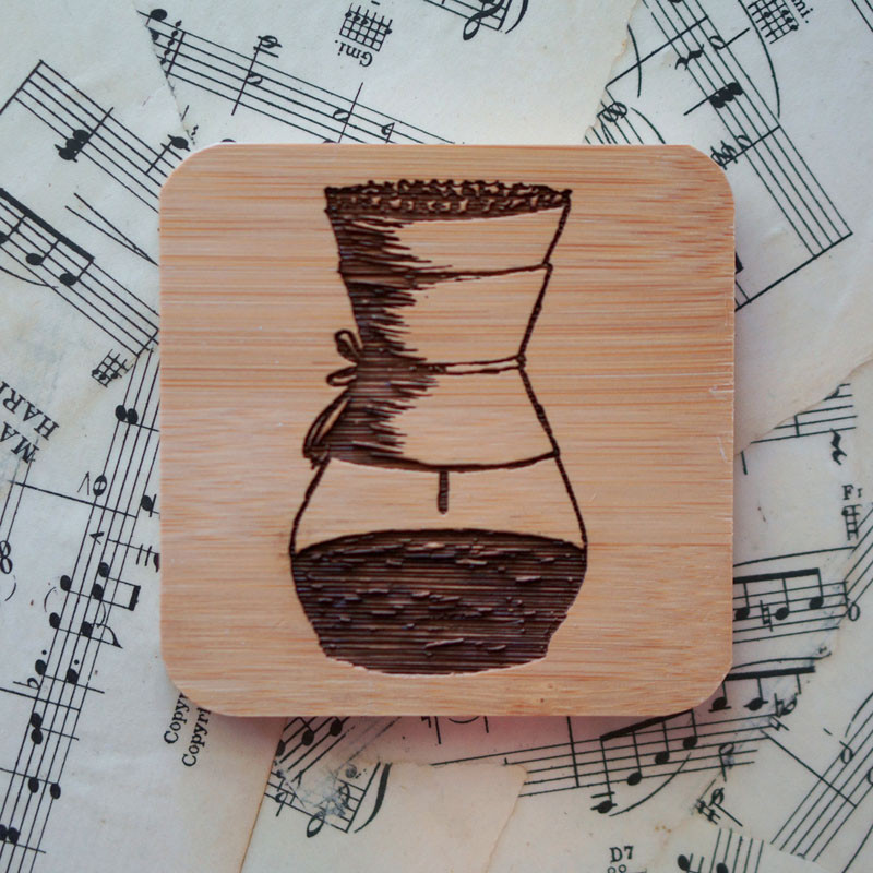 Bamboo Wood Coffee Coaster Set of Six with Hand-Drawn Coffee Art ...