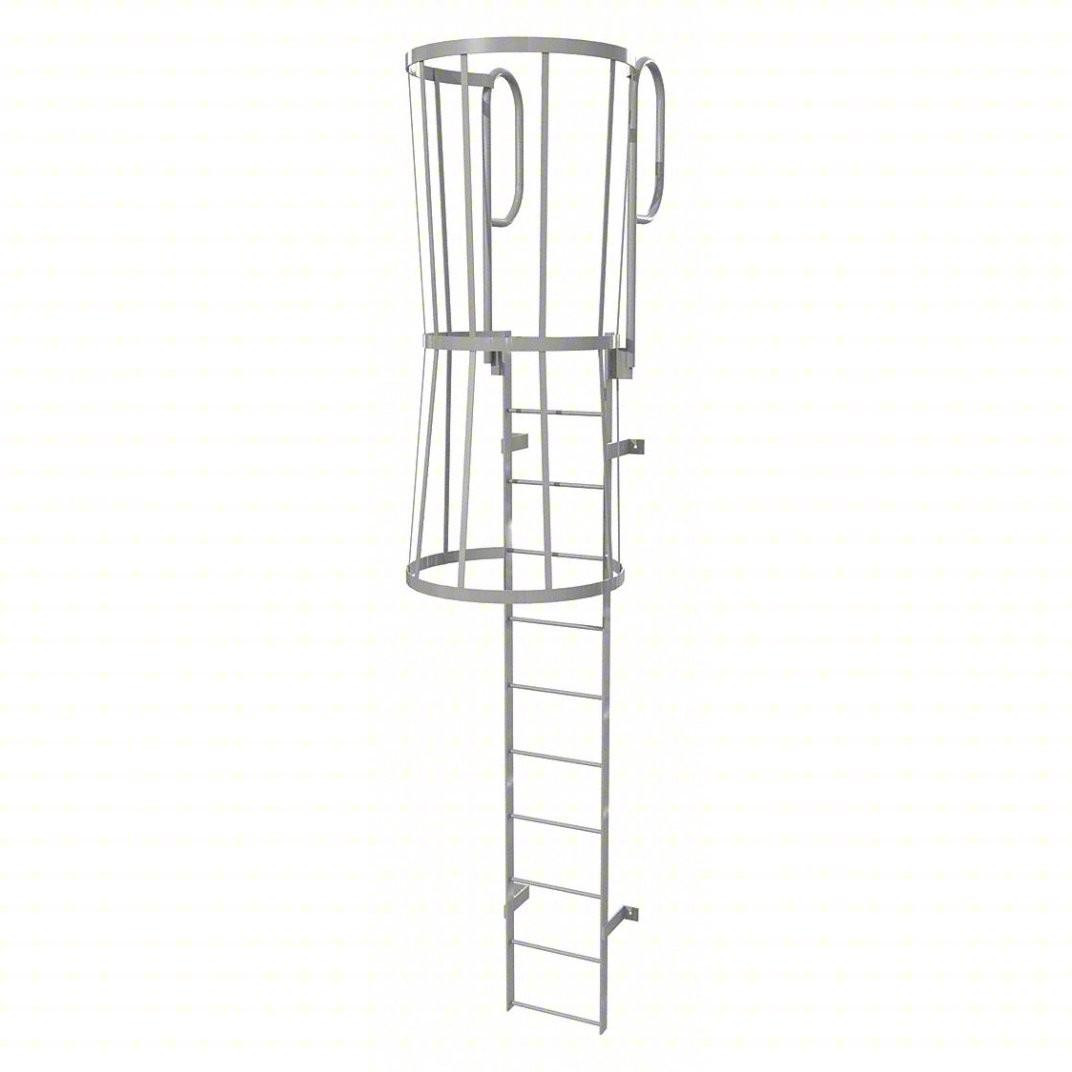 Tri-Arc Fixed Ladder With Safety Cage: 14 Ft, 10 Ft Top Step Height, 11 ...