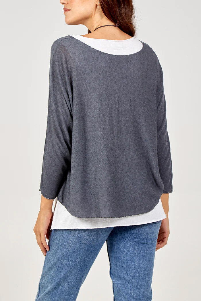 Double Layer Jersey Top with Necklace in Khaki