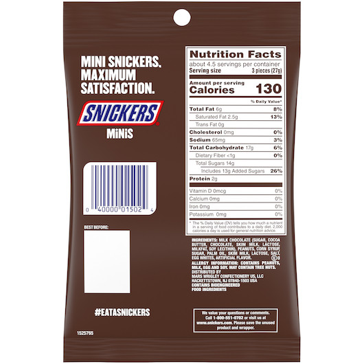 Snickers Minis Chocolate Candy, 4.4 oz Bag, 12/Case