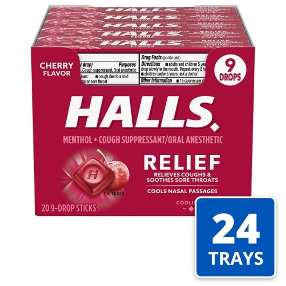 Halls Cherry Cough Drops, 9 Count, 20 Per Box, Boxes 24 Per Case