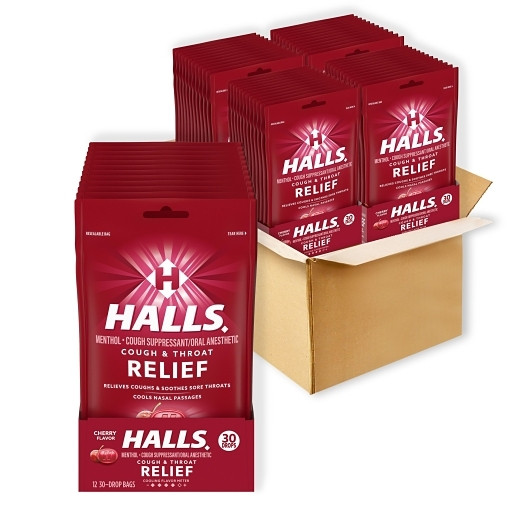 Halls Bag Cherry Cough Drops, 30 Count, 12 Per Box, 4 Per Case
