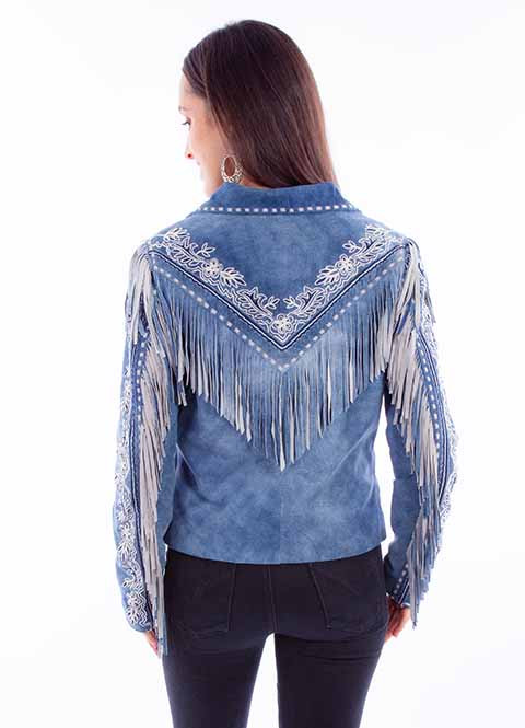 SCULLY LADIES EMBROIDERED BLUE FRINGE JACKET - FRINGE WESTERN WEAR