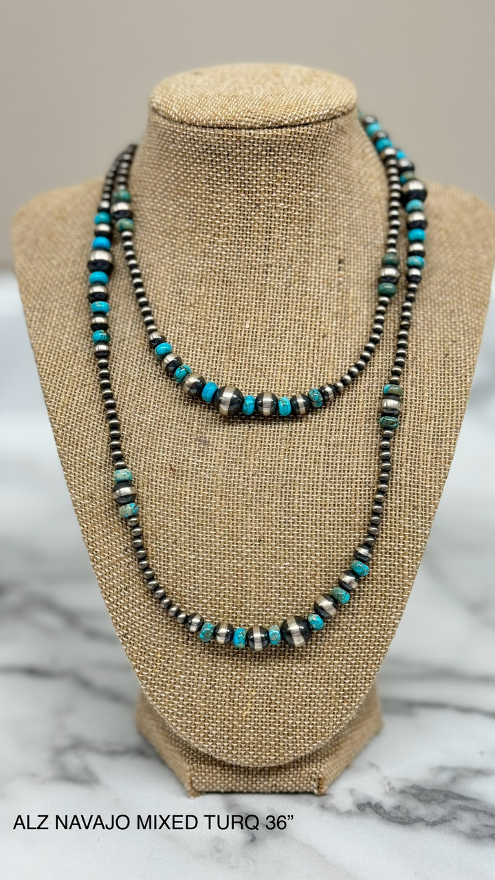 AUTHENTIC NAVAJO PEARL/TURQUOISE MIXED 36" NECKLACE - FRINGE WESTERN WEAR