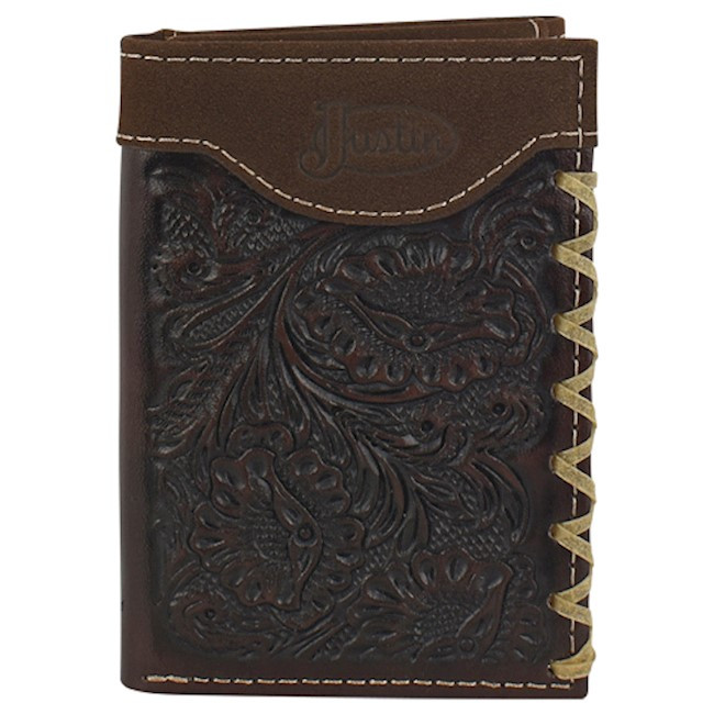JUSTIN MENS TRIFOLD WALLET RAWHIDE EDGE STITCH & TOOLING - FRINGE ...
