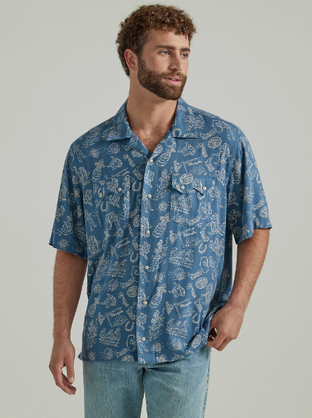 WRANGLER COCONUT COWBOY SNAP SHIRT IN WESTERN NAVY - FRINGE WESTERN WEAR