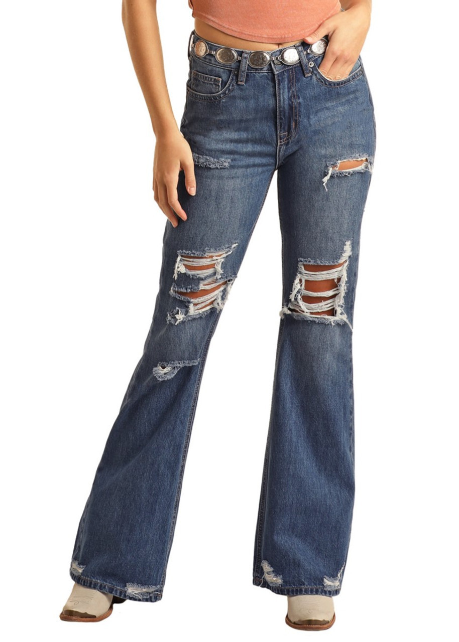 DISTRESSED DENIM SLIM FIT FLARE JEANS - FRINGE WESTERN WEAR