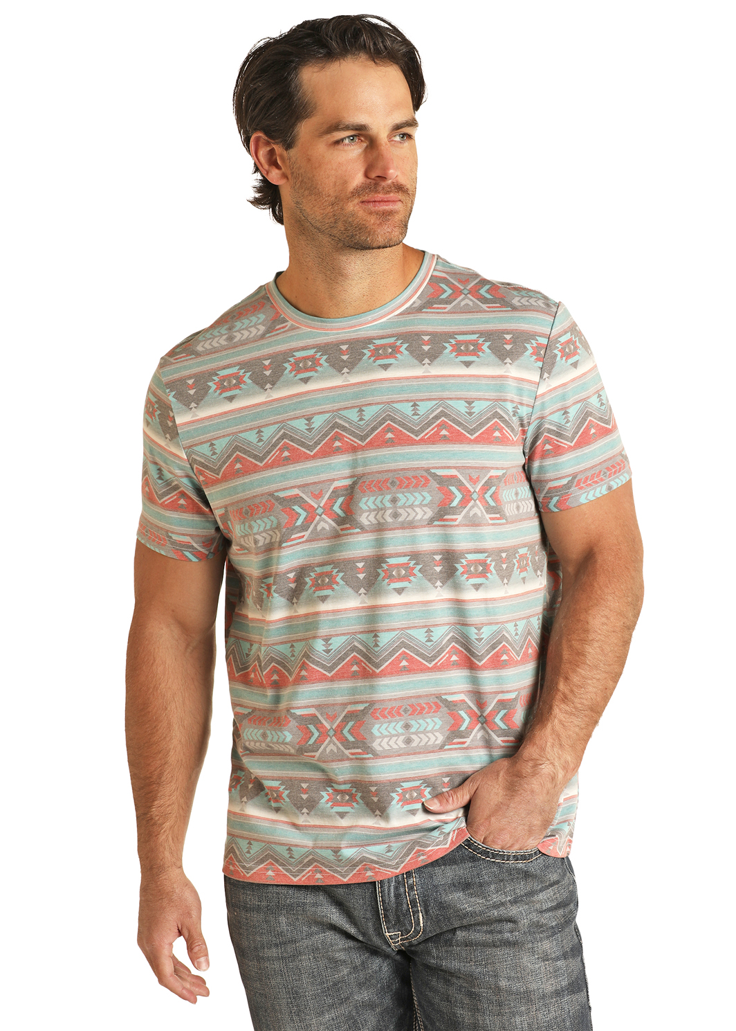 R&R TEAL / RED AZTEC TEE - FRINGE WESTERN WEAR