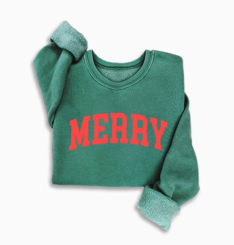 MERRY SWEATSHIRT IN GREEN / RED LETTERING - FRINGE WESTERN WEAR
